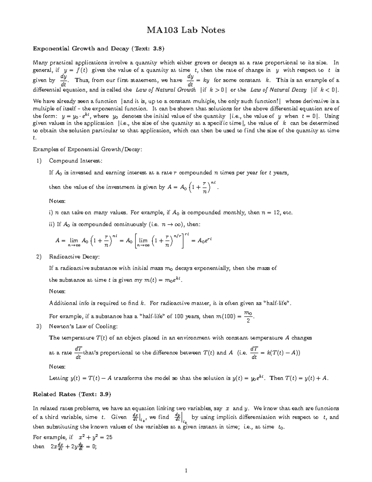 MA103 Lab 5 Notes: Exponential Growth & Decay Concepts - Studocu