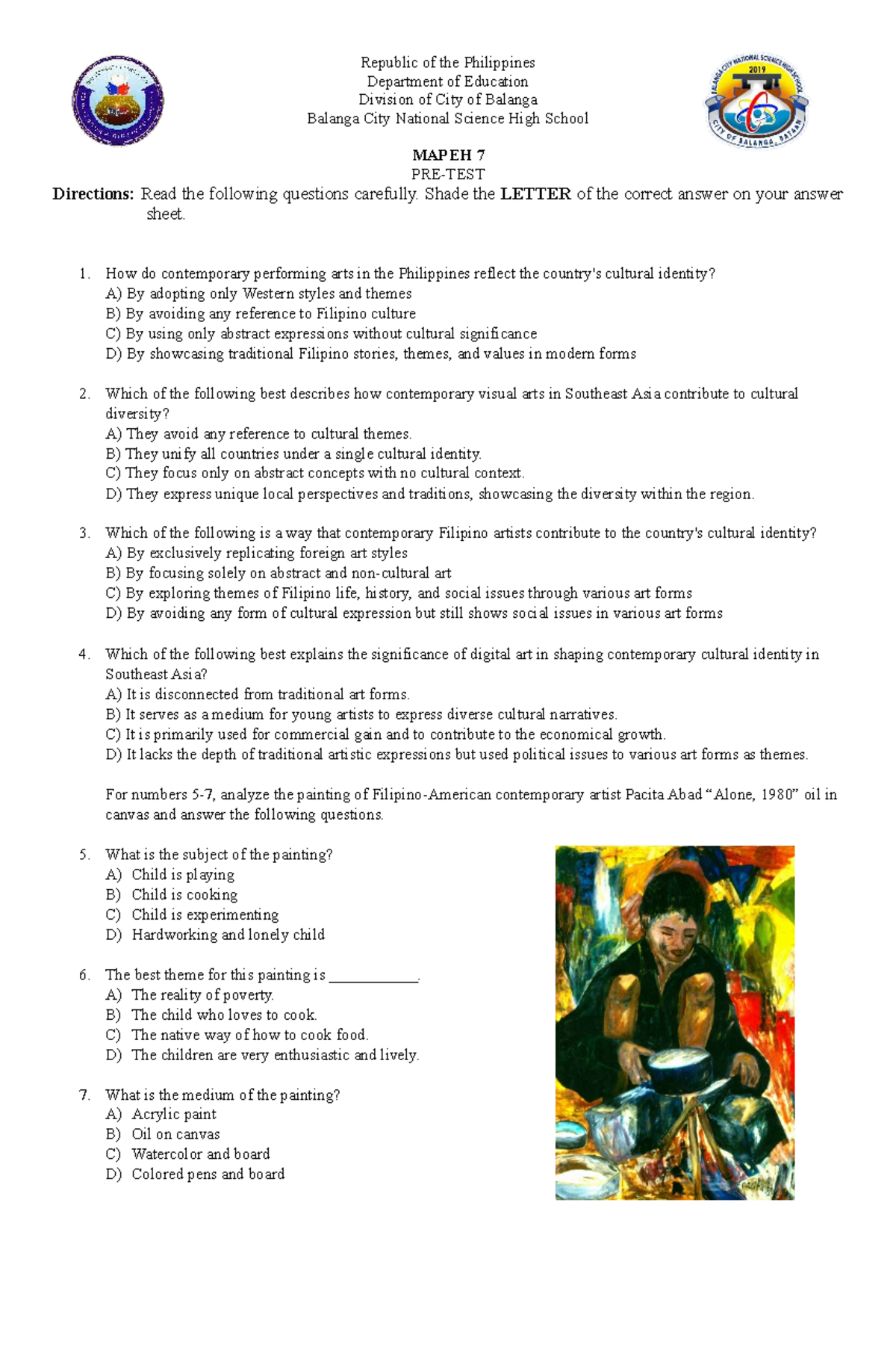 PRE-TEST MAPEH 7: Contemporary Arts & Mental Health Insights - Studocu