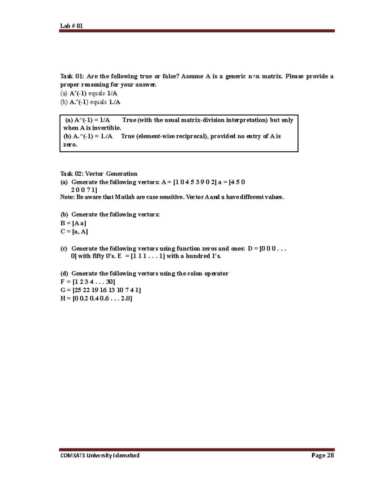 Lab 01: Matrix Operations and Vector Generation in MATLAB - Studocu