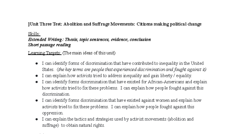 Unit 3 Test Review: Abolition & Suffrage Movements Strategies - Studocu