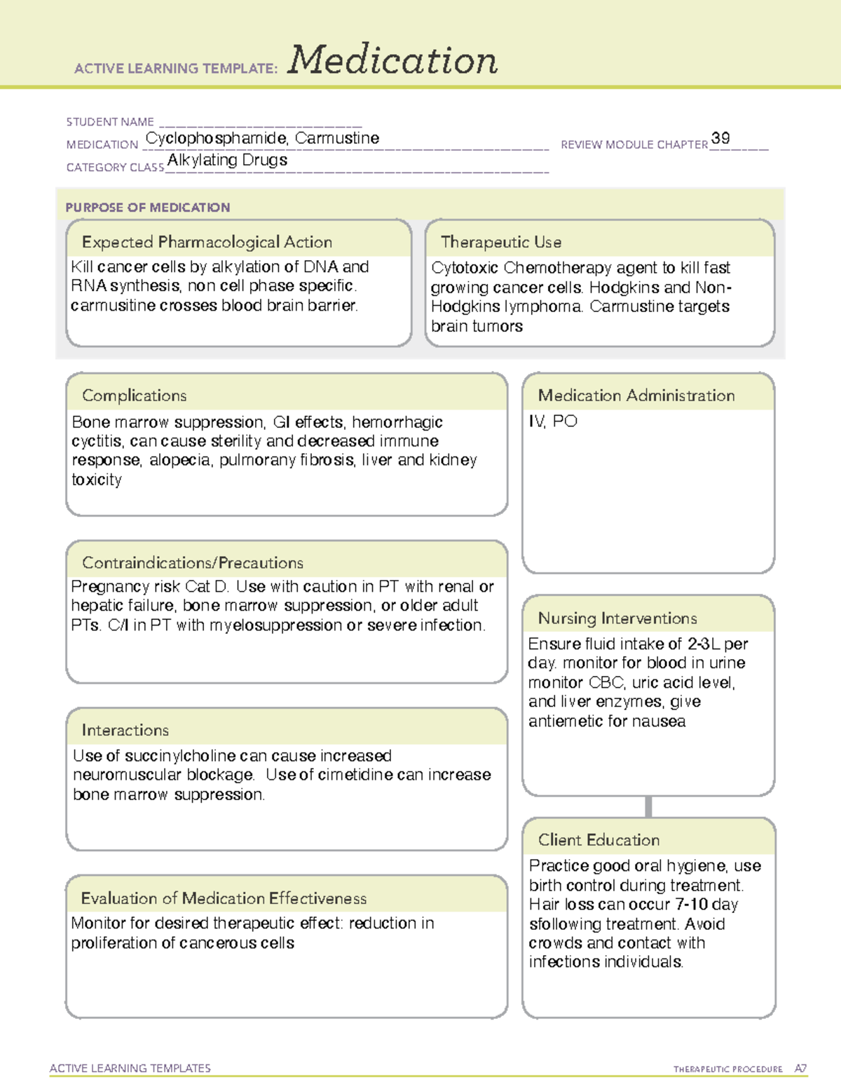 Med Card - Alkylating Drugs (Cyclophosphamide, Carmustine) - Studocu