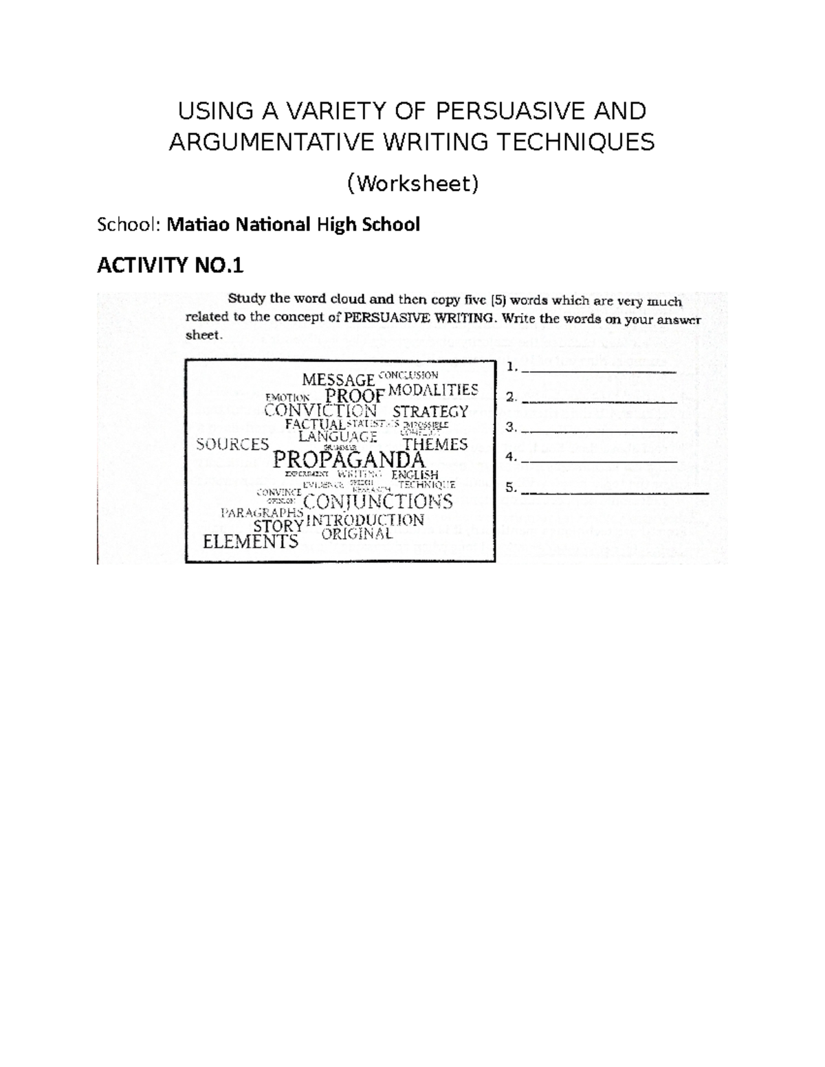 Using Persuasive & Argumentative Writing Techniques (Worksheet) - Studocu