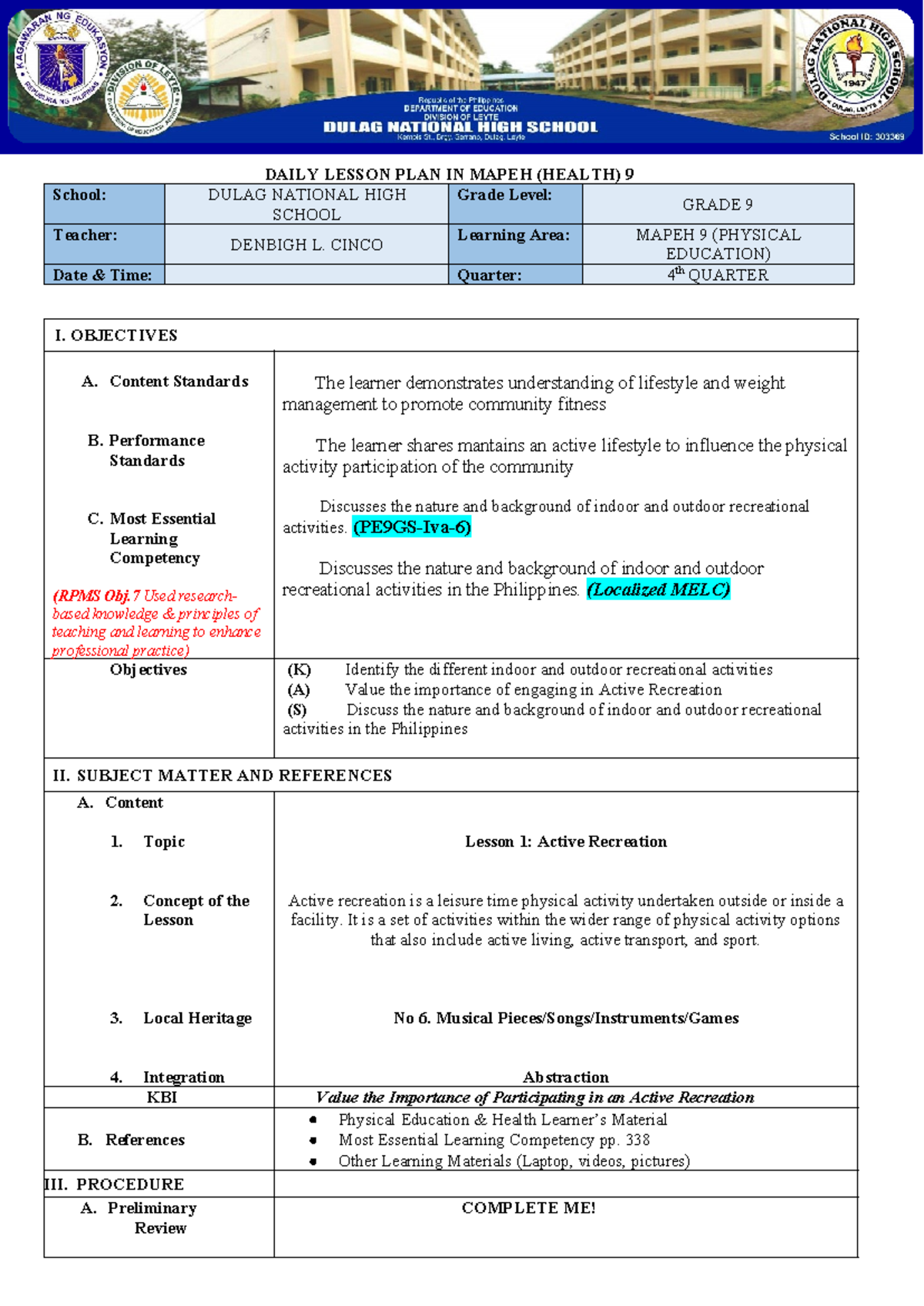 DAILY LESSON PLAN IN MAPEH 9: Active Recreation Focus - Studocu