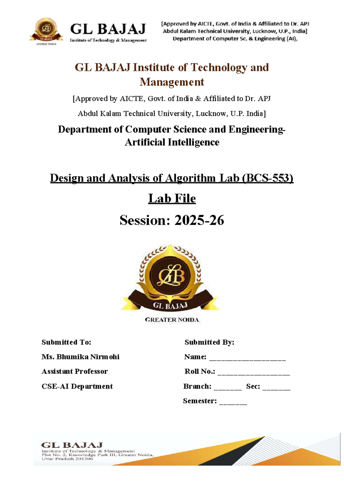 DAA LAB FILE Index Pages 2025-26 - GL BAJAJ Institute of Technology and ...
