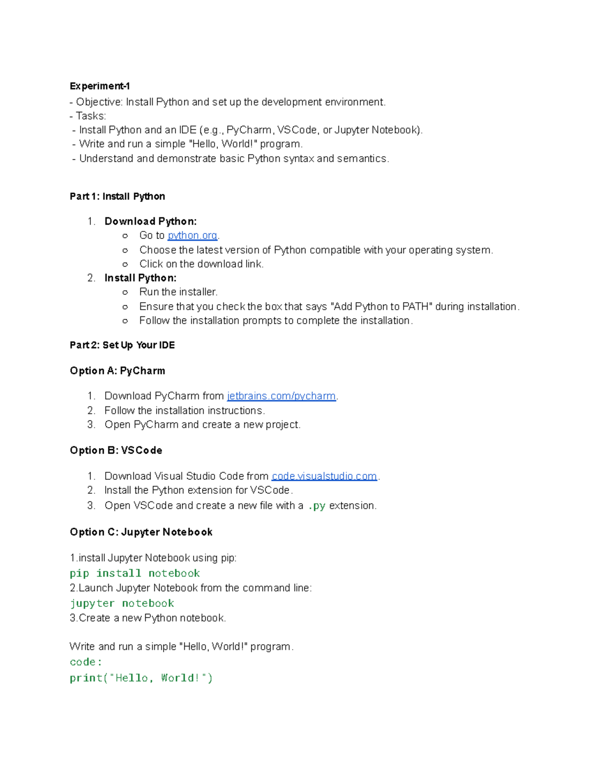 Mech python lab - Experiment- Objective: Install Python and set up the development environment ...