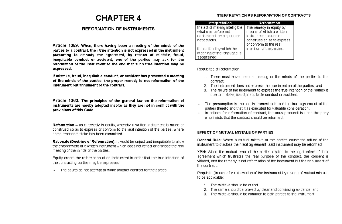 Chapter 4: Reformation of Contracts - Oblicon Reviewer Insights - Studocu