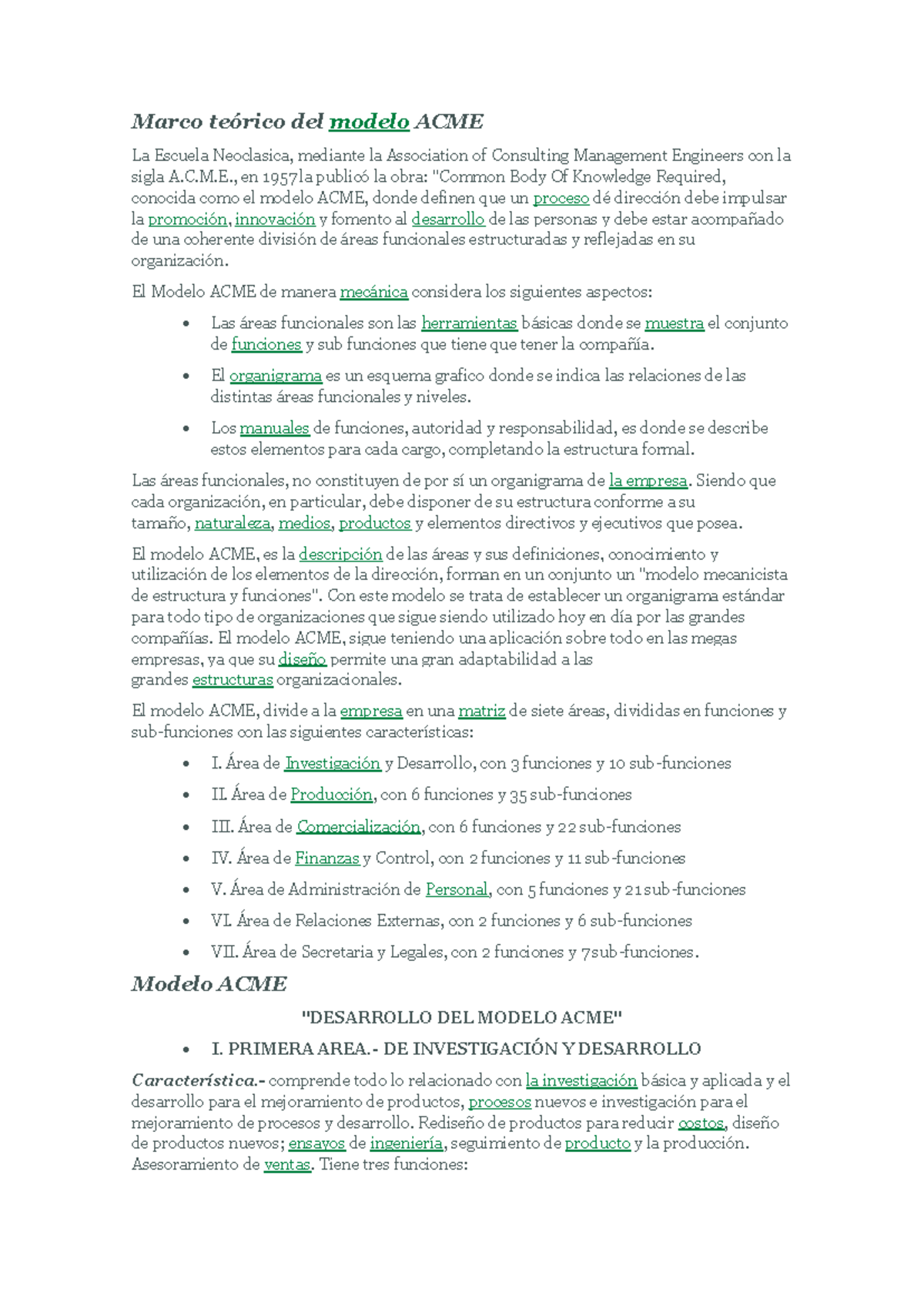Modelo ACME: Resumen y Desarrollo de Funciones y Áreas - Studocu