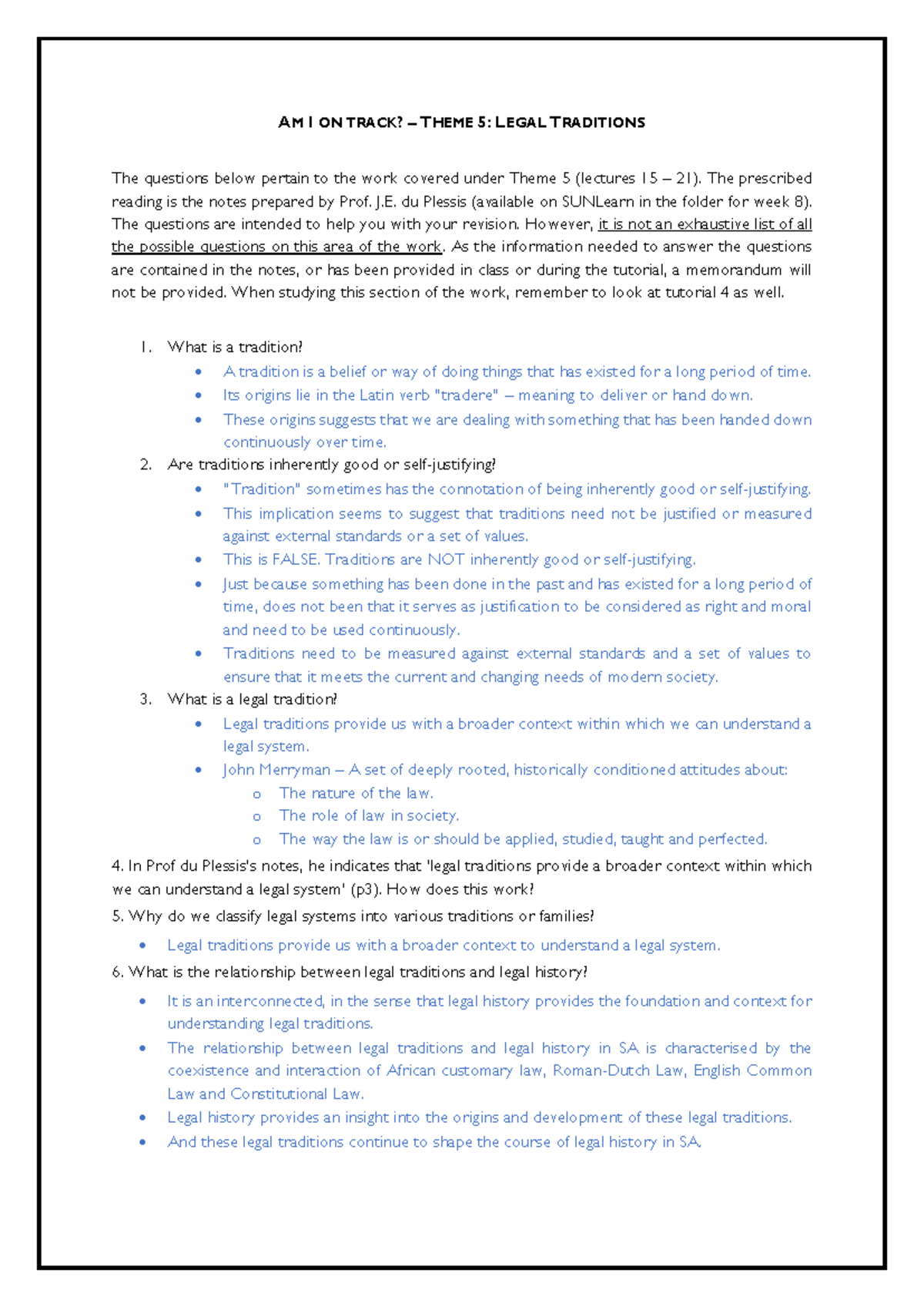 Theme 5: Legal Traditions - Revision Questions & Answers (LAW 101 ...
