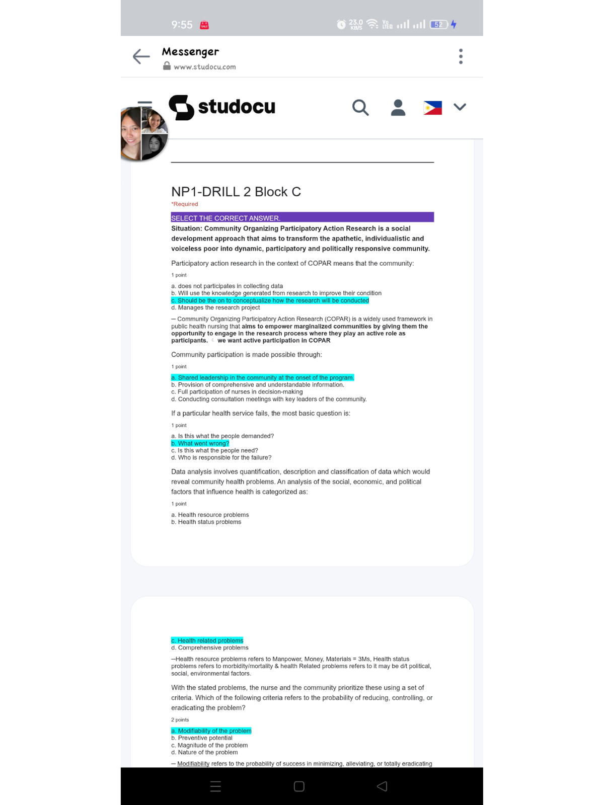 2025 02 11 06 22 05 - reviewer chn - 9:55 Messenger studocu 2 Block C SELECT THE CORRECT ANSWER ...