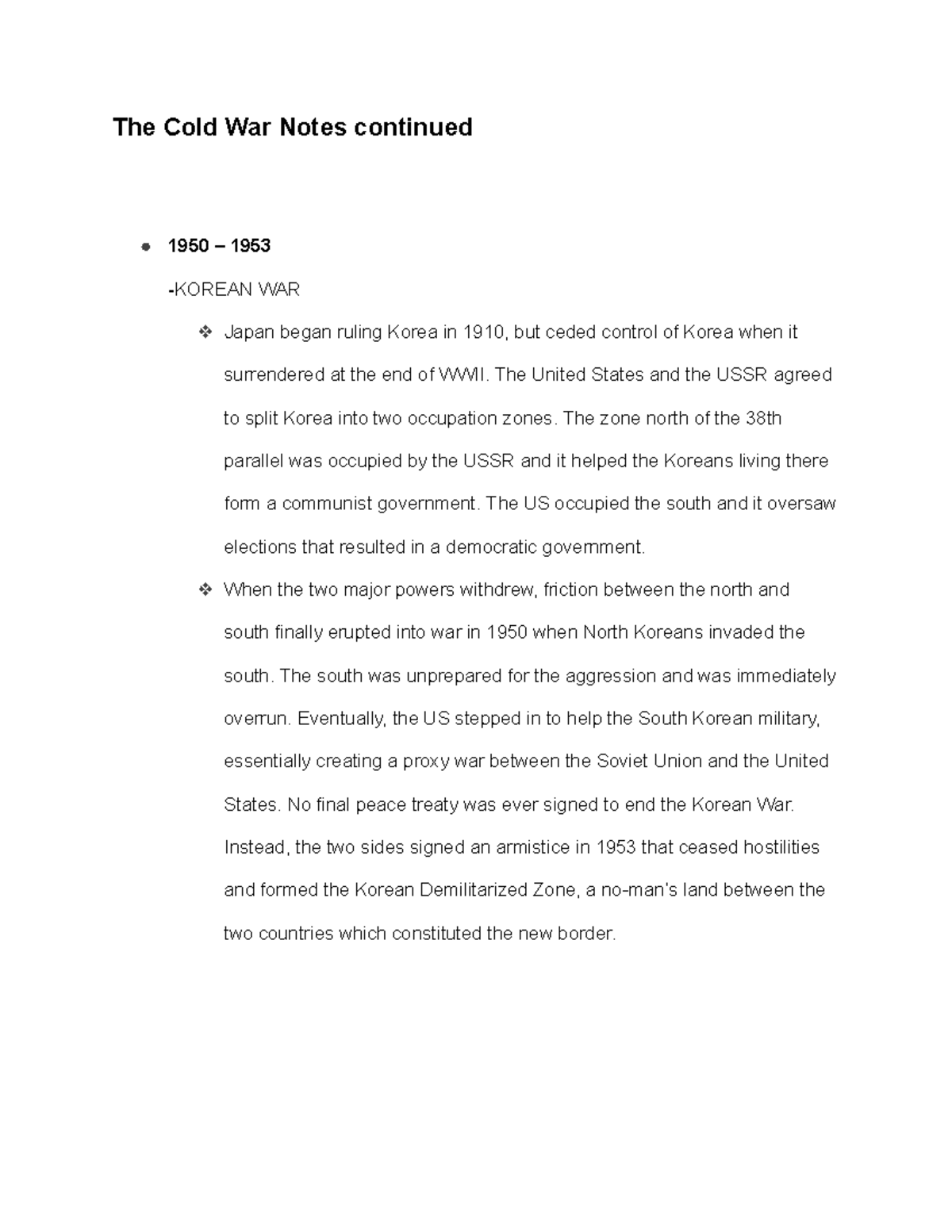 Cold War Notes (1950-1953): The Korean War Overview - Studocu