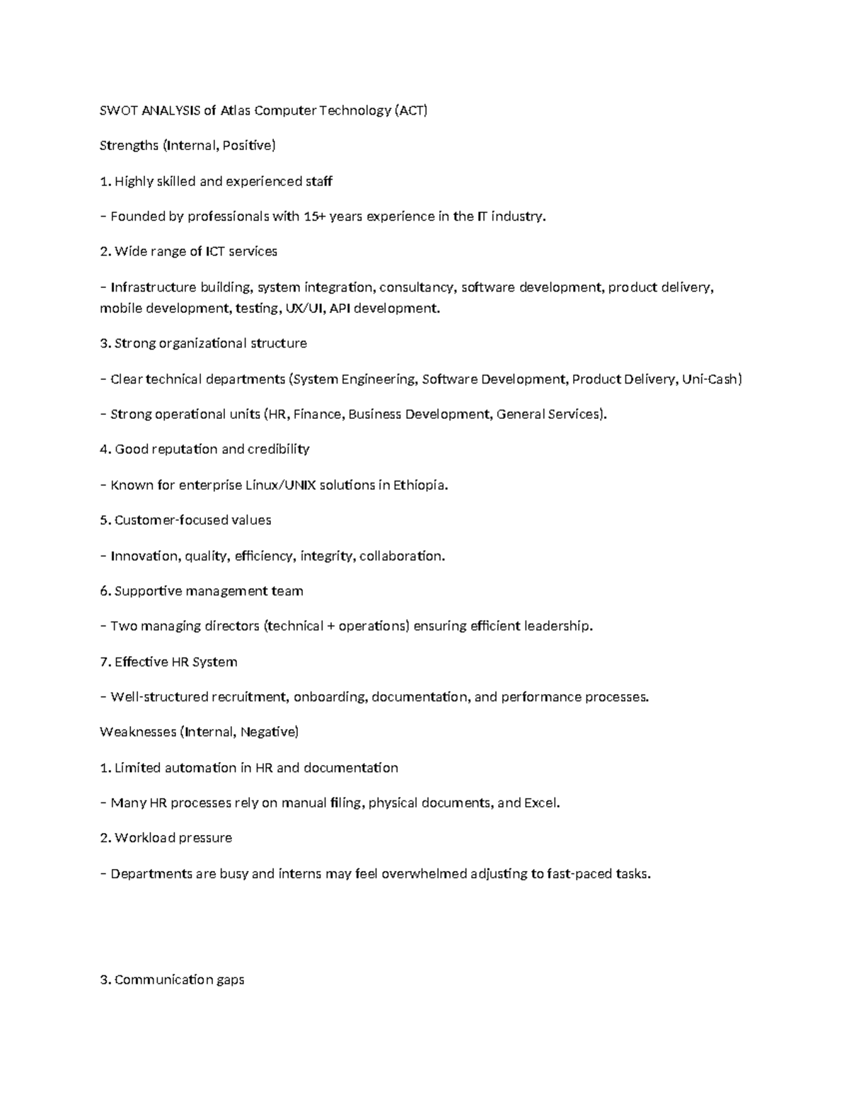 SWOT Analysis of Atlas Computer Technology (ACT) for Internship ...