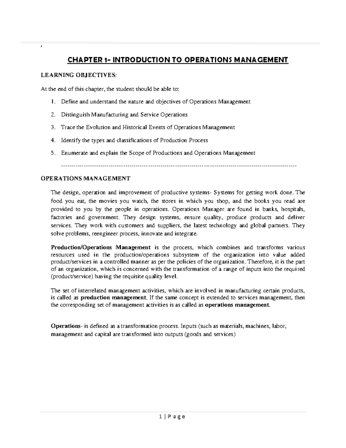 Chapter 1- Introduction to Operations Management (Revised) - , CHAPTER 1- INTRODUCTION TO ...