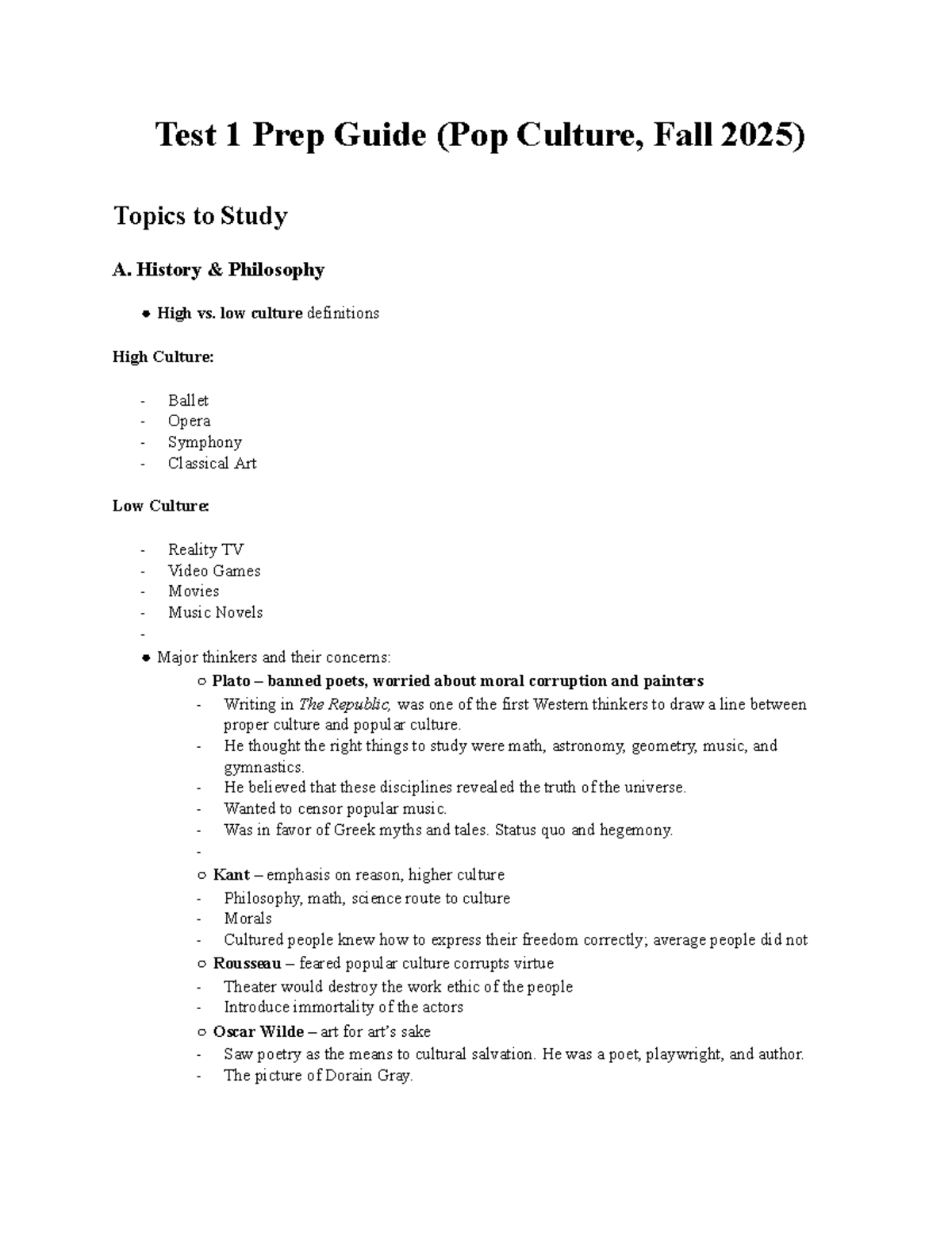 Test 1 Study Guide: Pop Culture & Media (Fall 2025) - Studocu