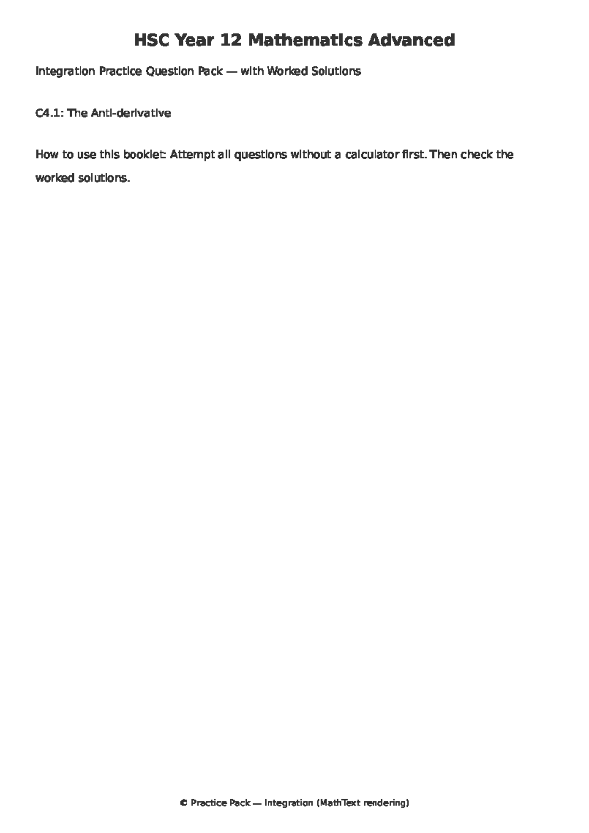 HSC Year 12 Mathematics Advanced: Integration Practice Questions ...