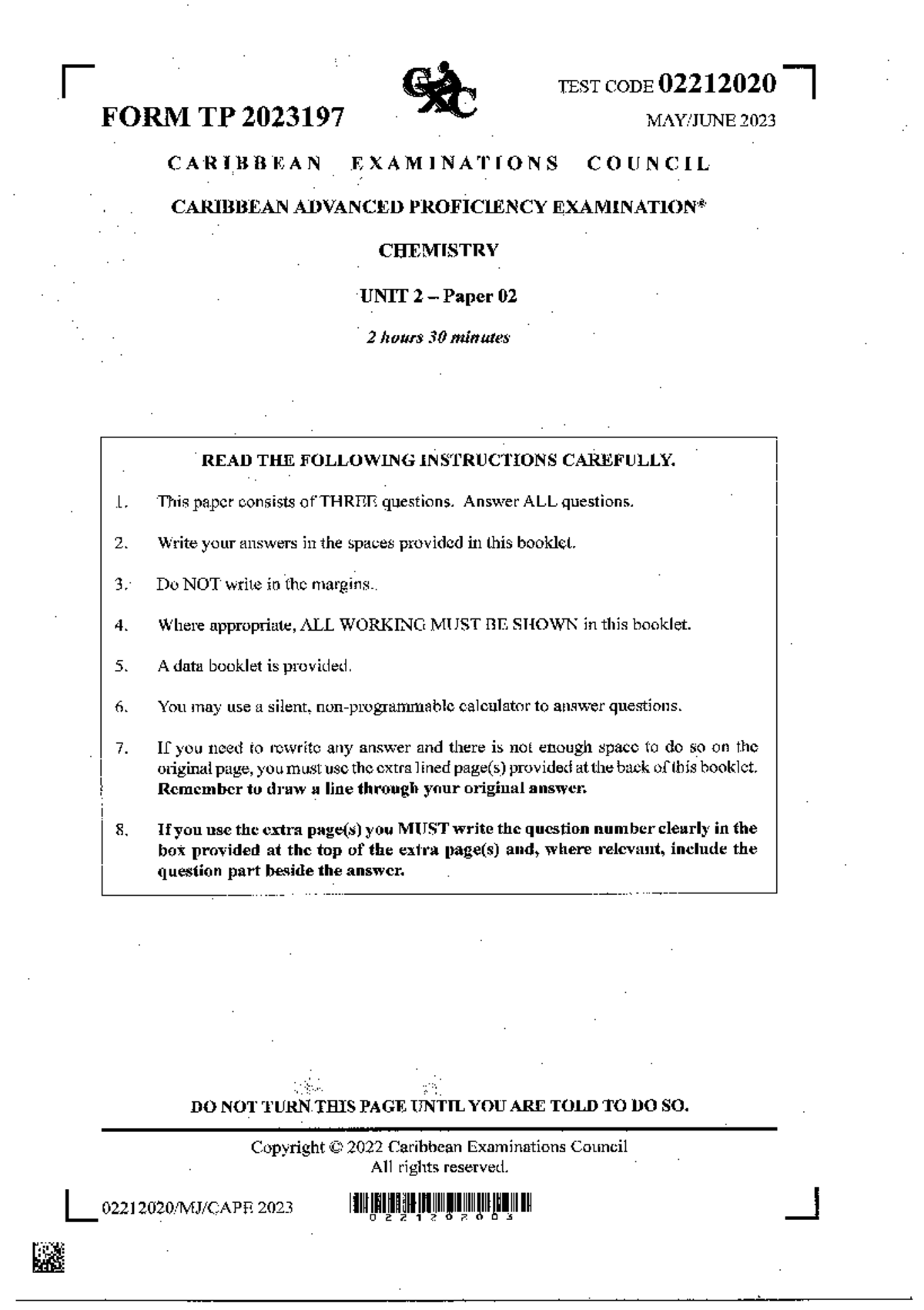 CAPE Chemistry Unit 2 Paper 02 2023 Exam Instructions and Questions ...