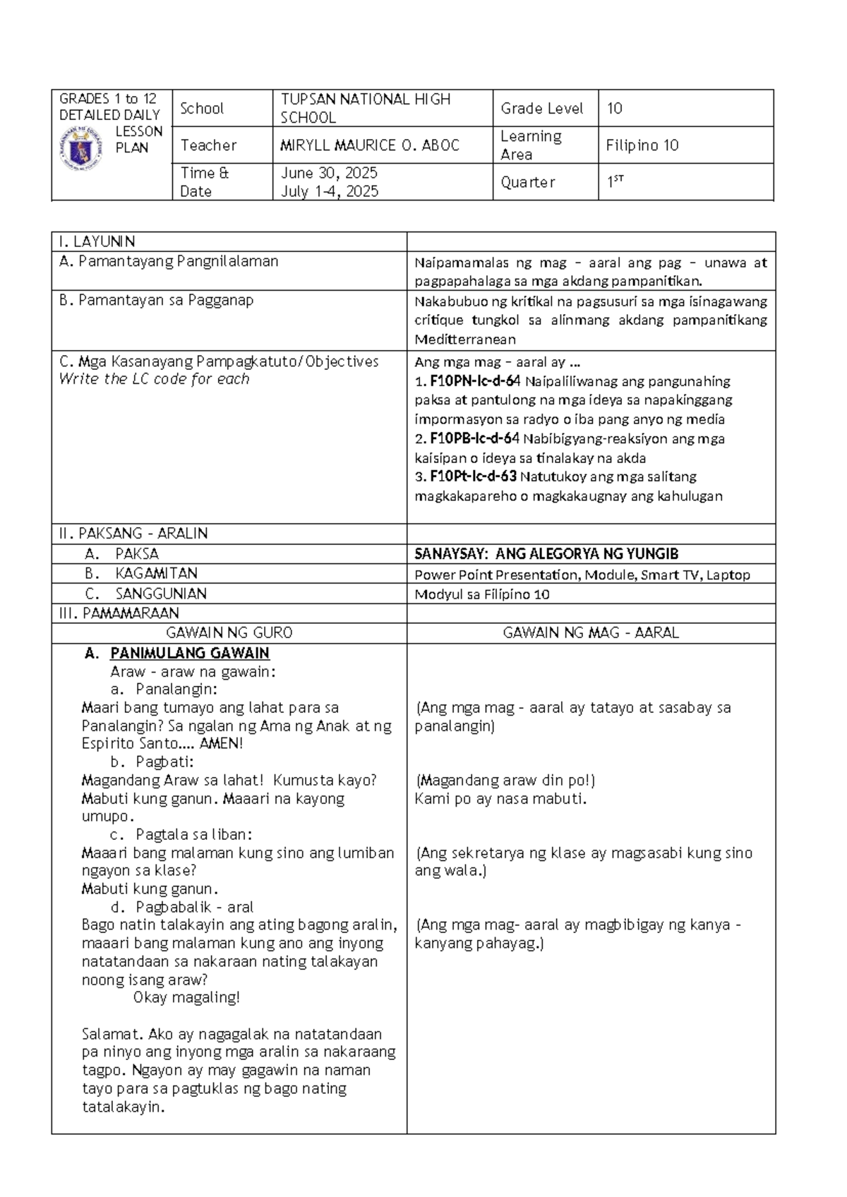 Filipino 10 - 1st Quarter Detailed Daily Lesson Plan - Studocu