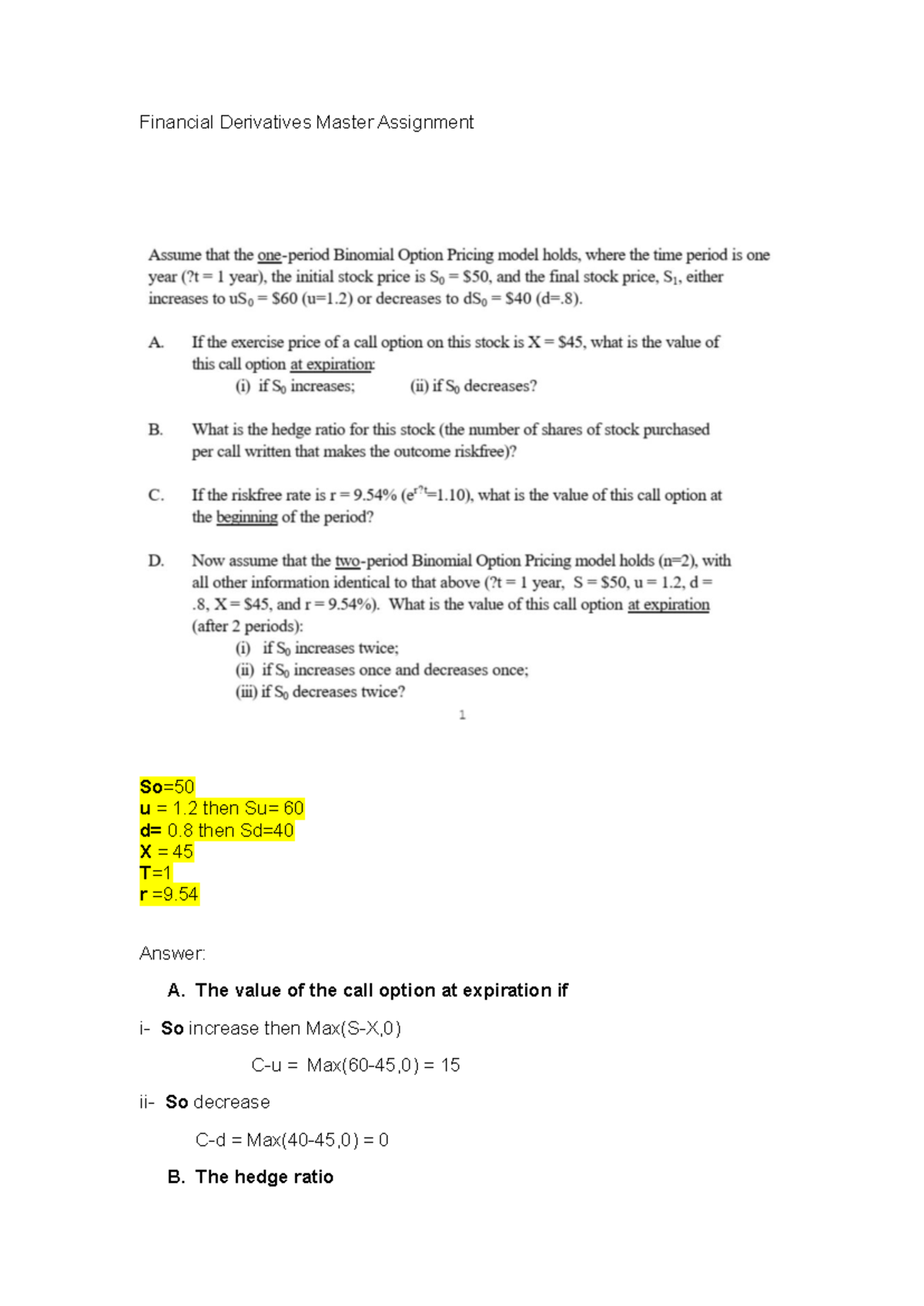 Financial Derivatives Master Assignment: Call Option Valuation - Studocu