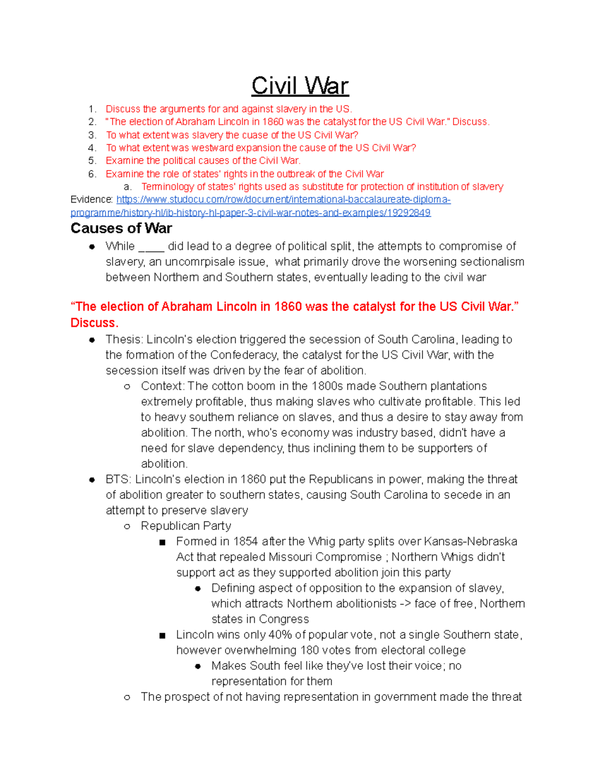 IB History HL Paper 3: Causes and Impacts of the Civil War - Studocu