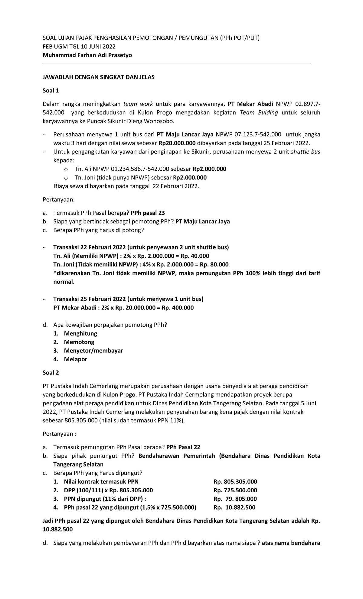 Jawaban Soal Ujian Pajak PPh Pot/Put 164 - Muhammad Farhan Adi Prasetyo - Studocu