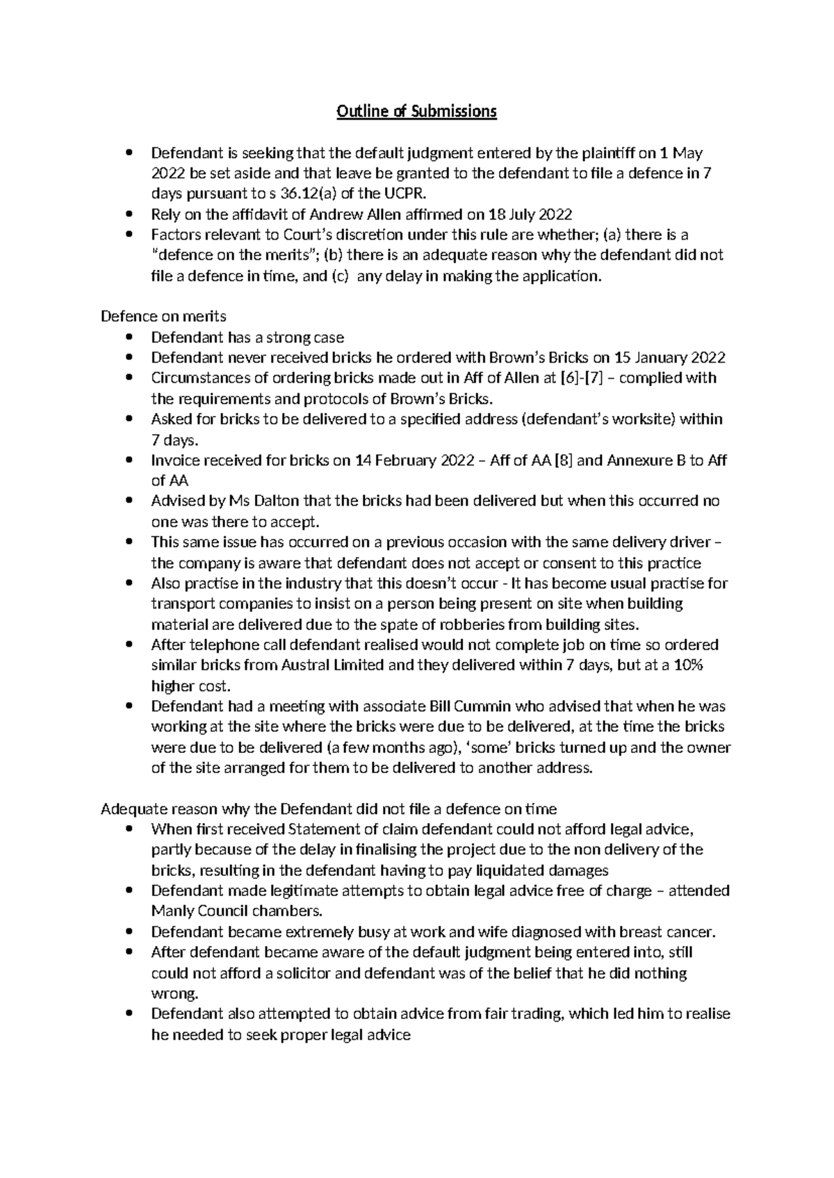 Outline of Submissions for Default Judgment Appeal - Legal Task - Studocu