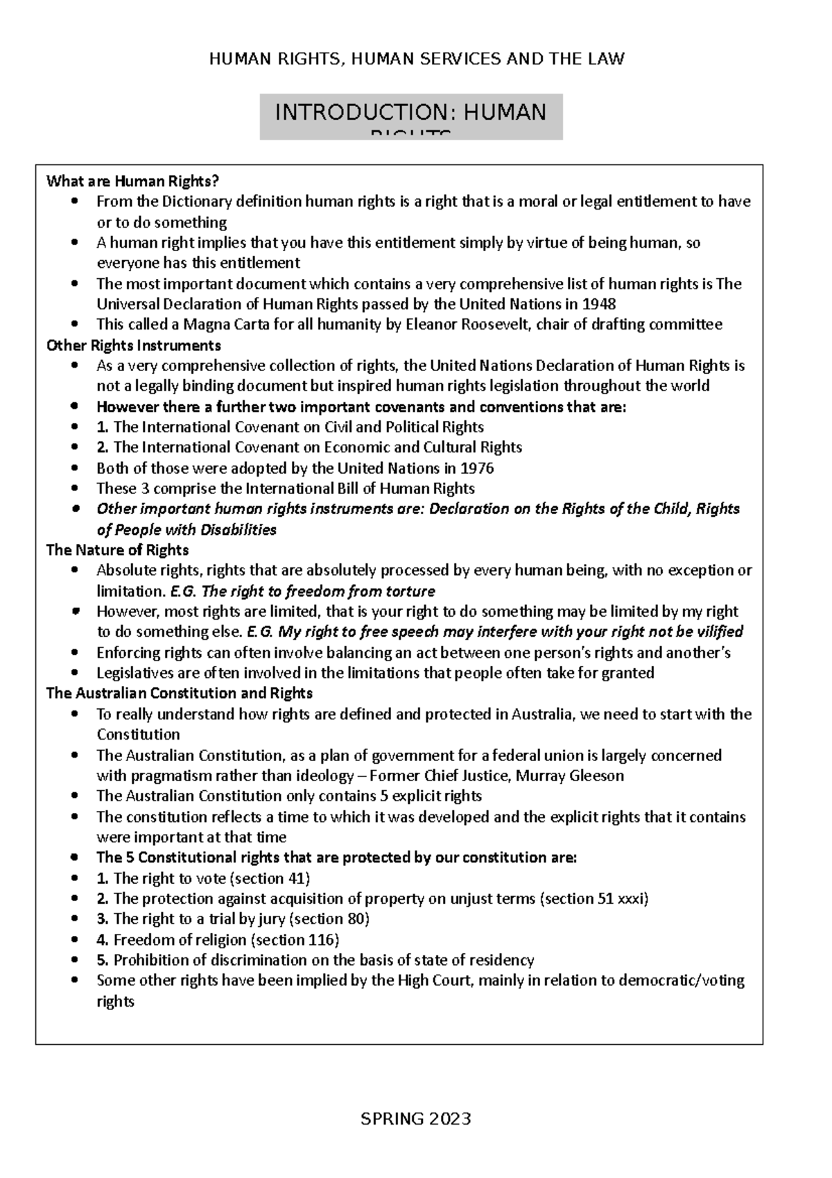 Notes - INTRODUCTION: HUMAN RIGHTS What are Human Rights? From the ...