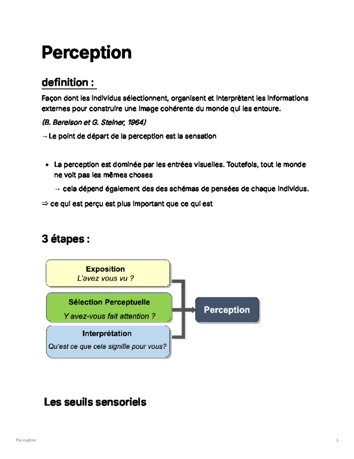 Perception - Définition et Étapes Clés (Mes Cours) - Studocu