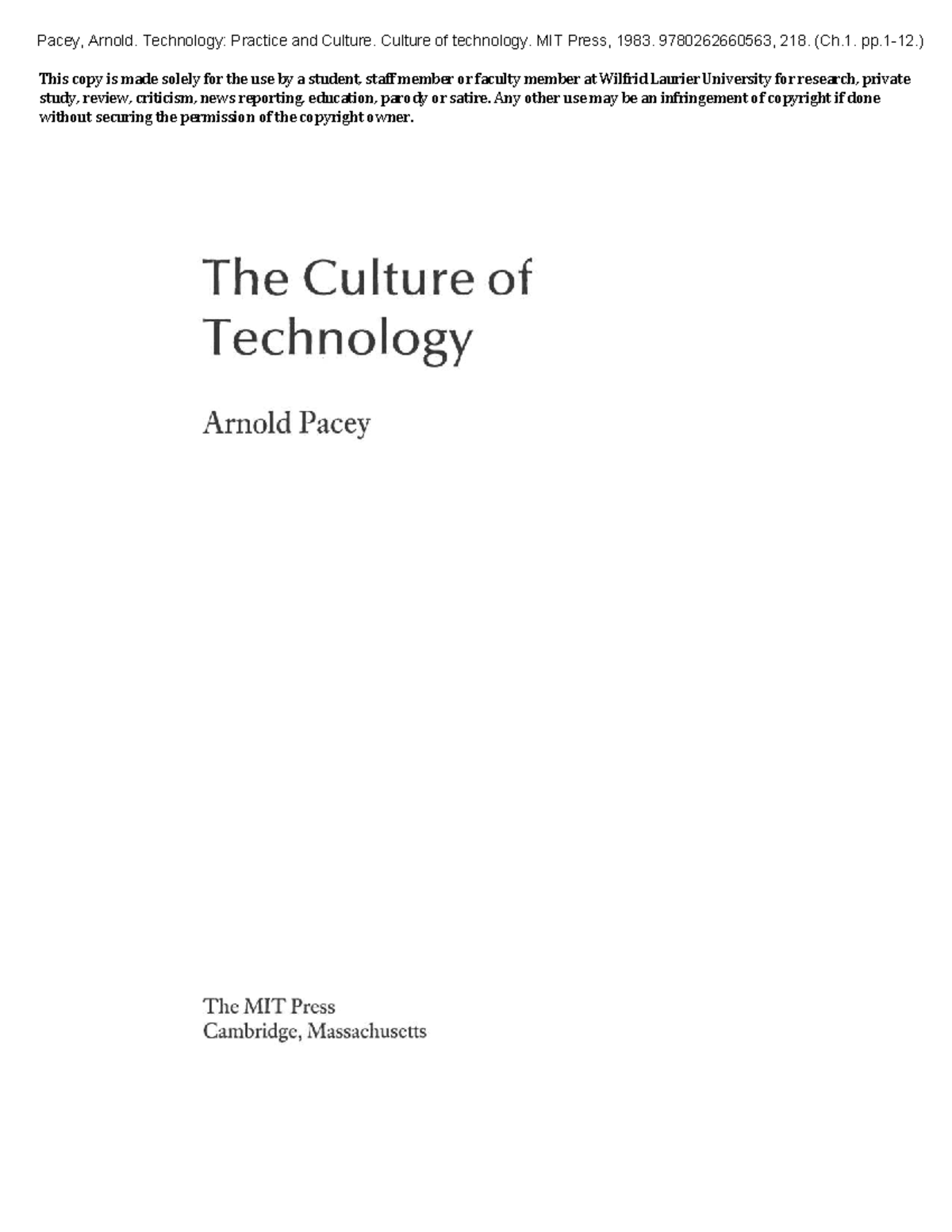 Pacey, A. Technology: Practice and Culture - Chapter 1 Overview - Studocu