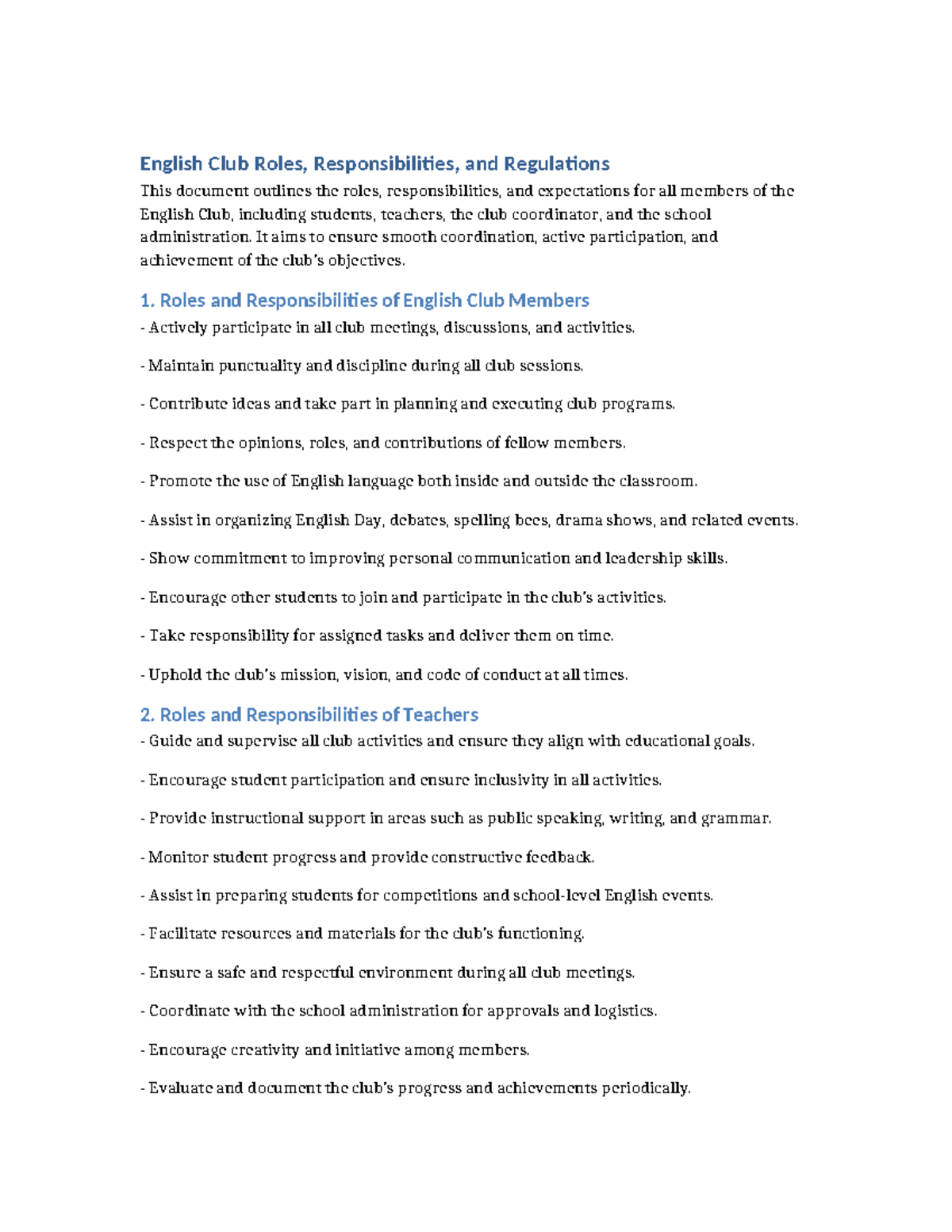 English Club Roles & Responsibilities Overview - Studocu