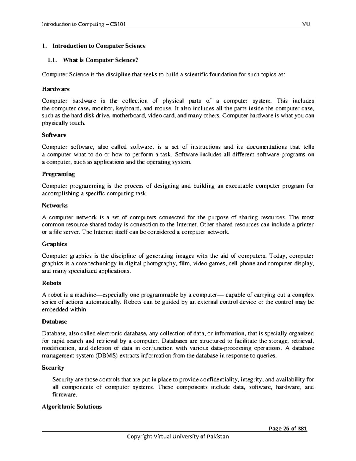 CS101 - Handouts quiz 1 - Page 26 of 381 Introduction to Computer Science What is Computer ...
