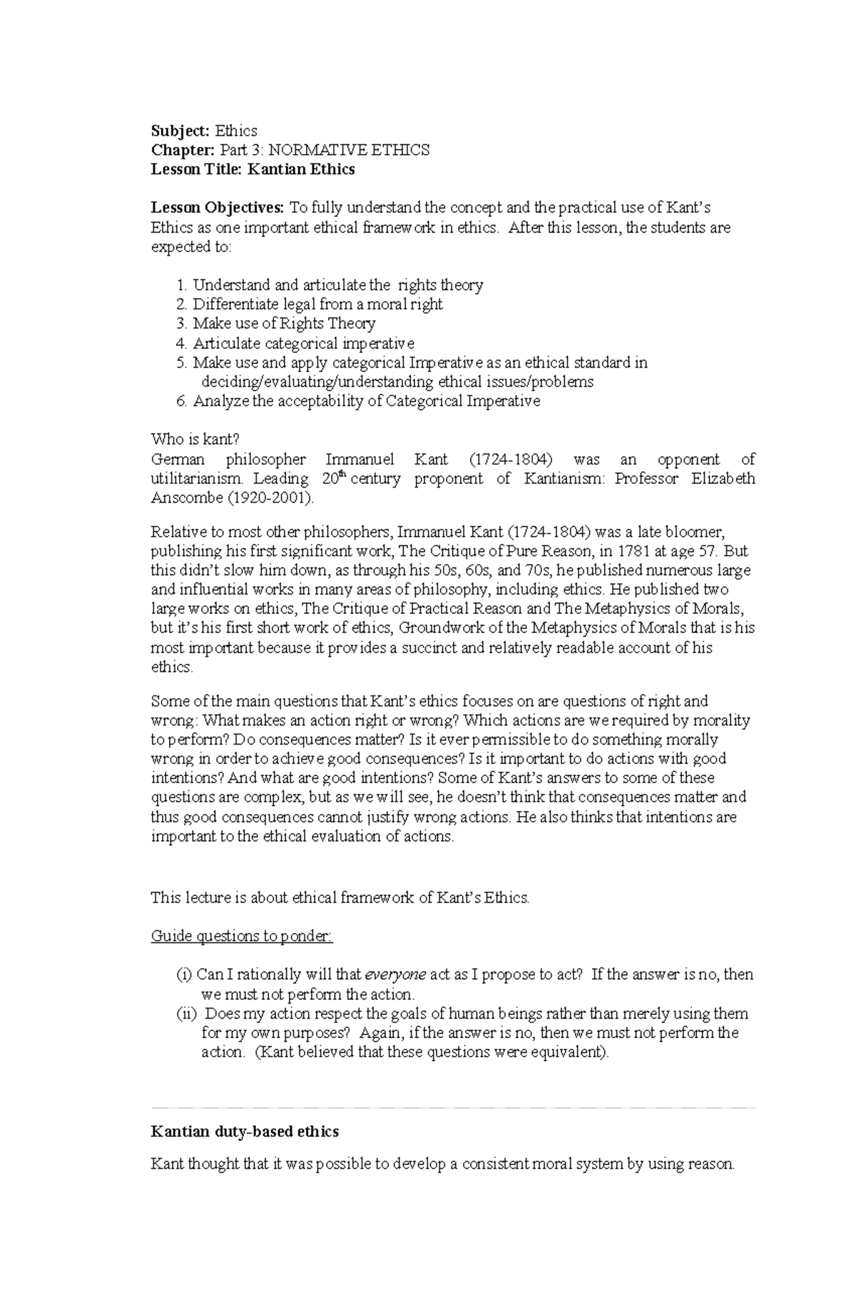 Kantian Ethics - Subject: Ethics Chapter: Part 3: NORMATIVE ETHICS ...