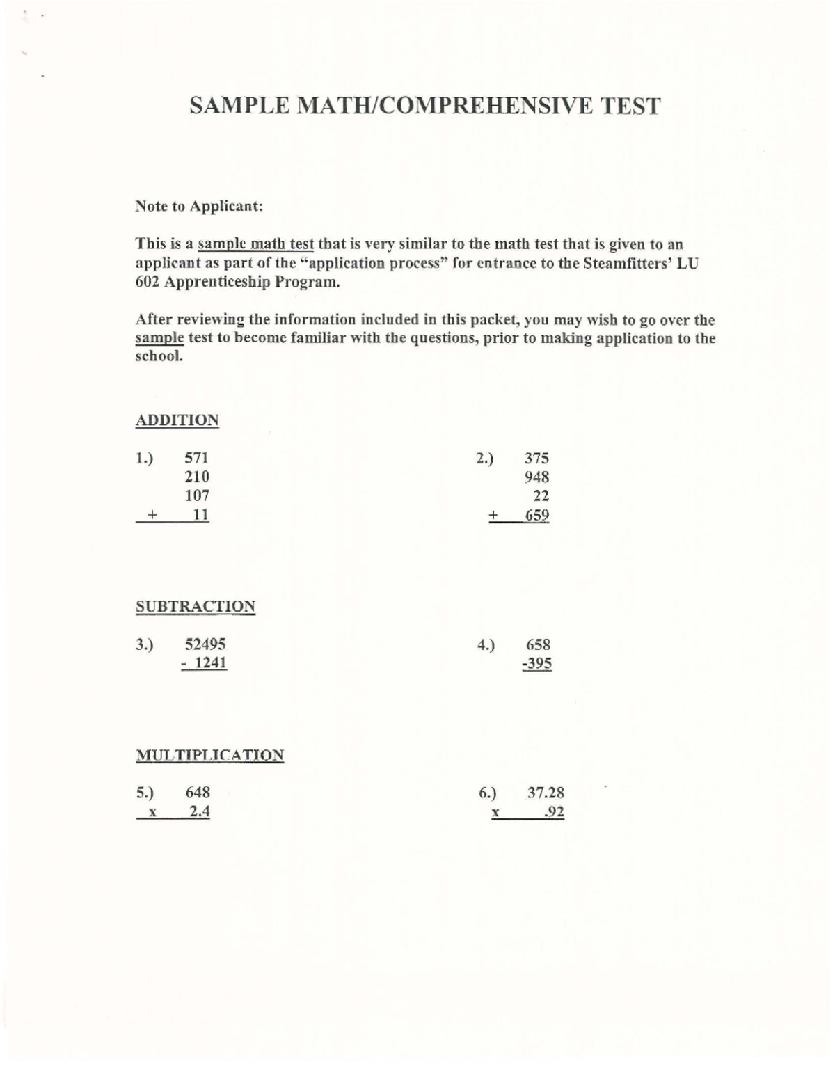 Sample Math Test for LU 602 Apprenticeship Program - Studocu