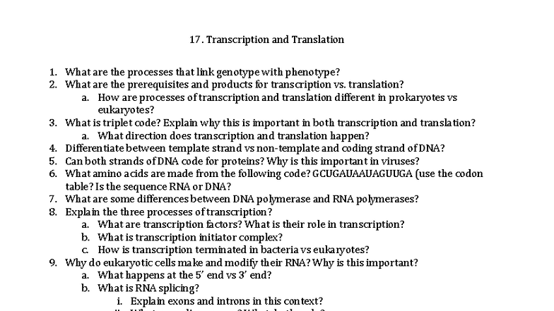 17. Transcription and Translation Processes: Key Concepts and ...