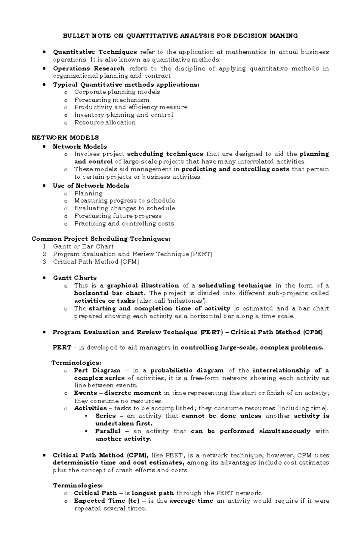 MS Bullet Notes 12 - Quantitative Analysis - BULLET NOTE ON ...