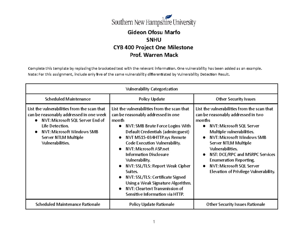 CYB 400 Project One Milestone: Vulnerability Assessment by Gideon Marfo ...