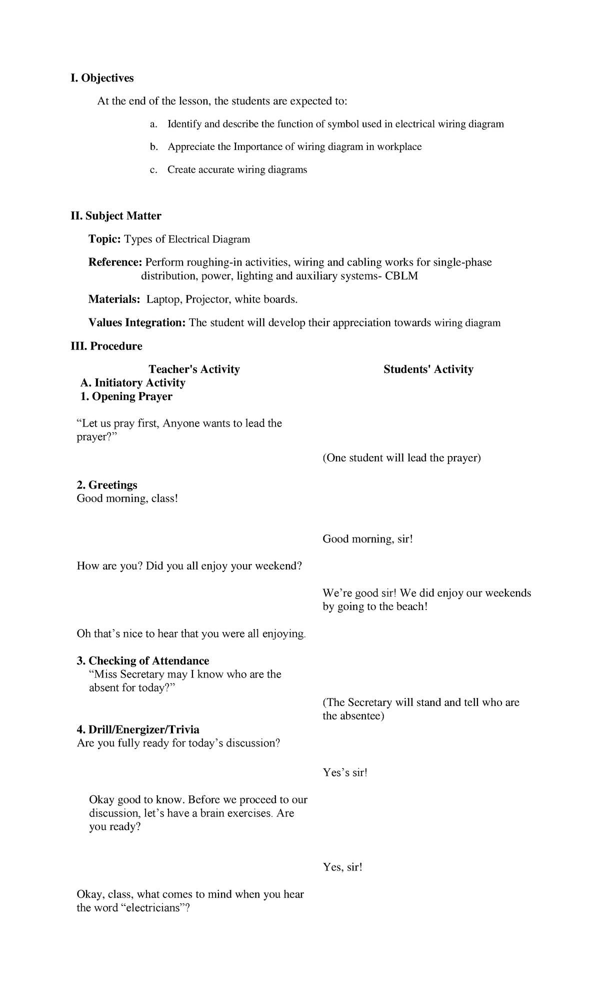 Lesson Plan on Electrical Wiring Diagrams - CBLM Course - Studocu