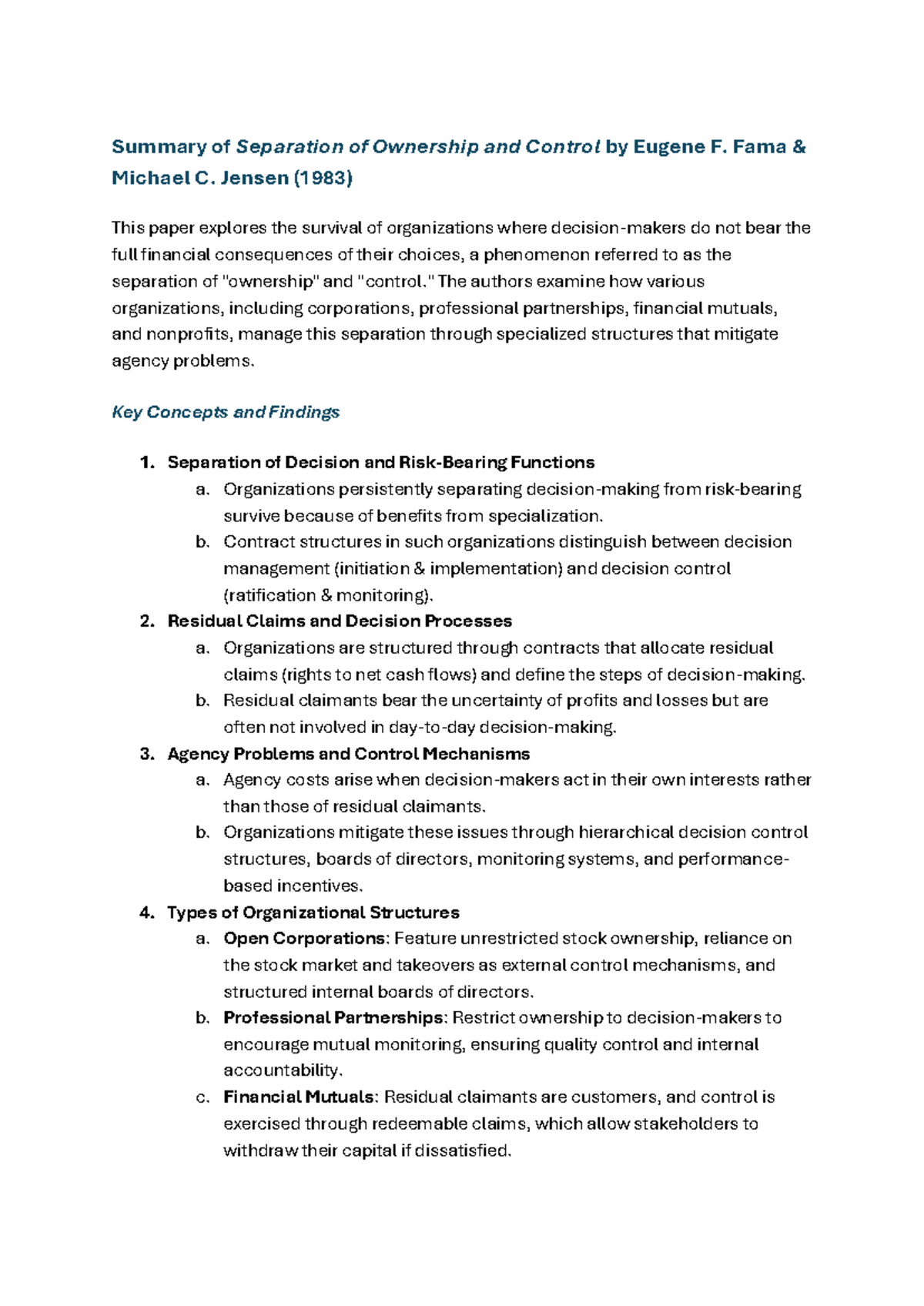 Summary of Separation of Ownership and Control (FIN 301) - Studeersnel