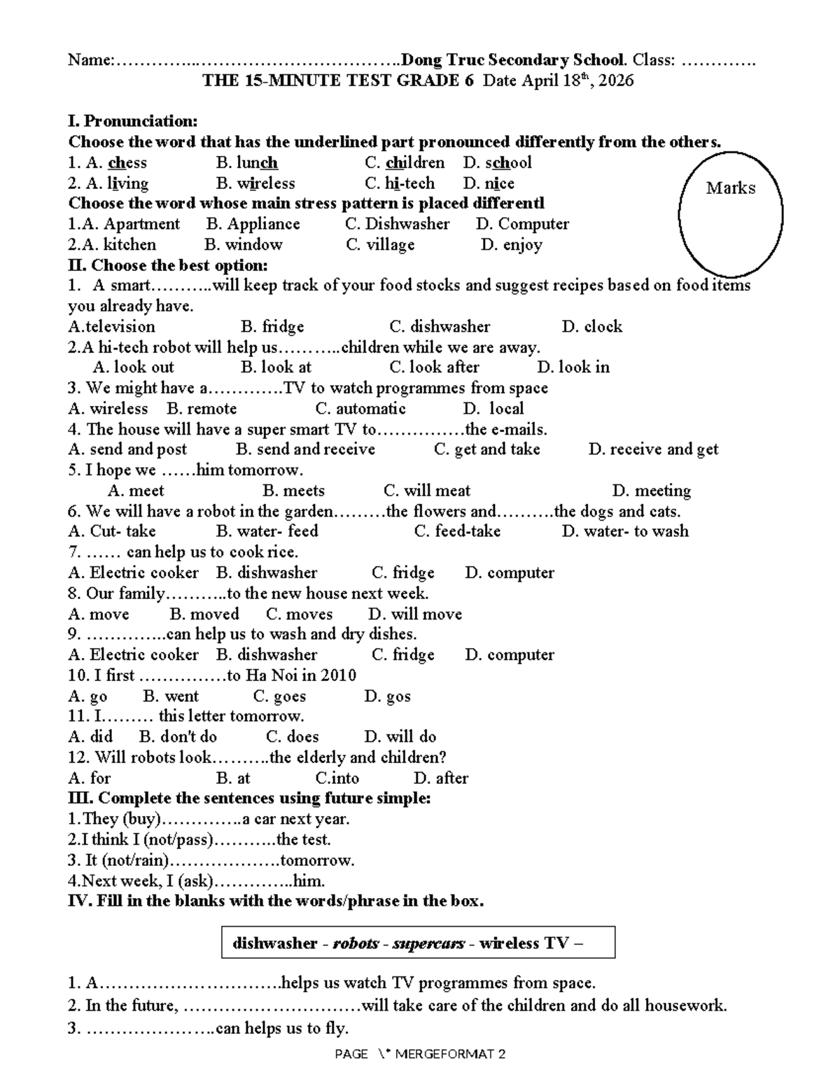 Grade 6 English Test: Pronunciation & Future Simple Practice - Studocu