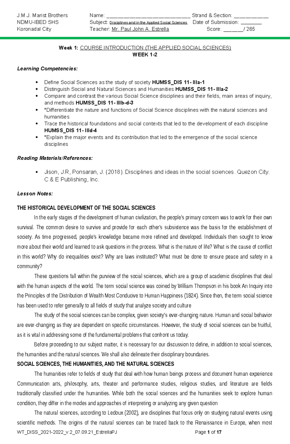 DISS WEEK 1-2 - WORKSHEETS - NDMU-IBED SHS Subject: Disciplines and in ...