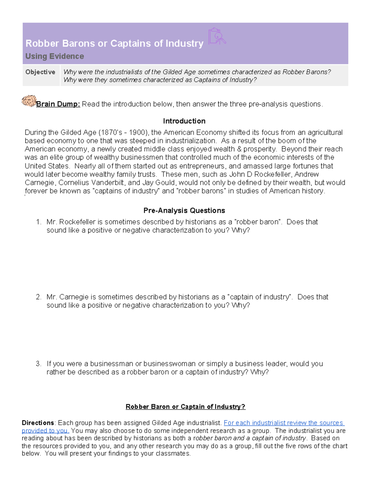 Gilded Age Industrialists: Robber Barons or Captains of Industry Study ...