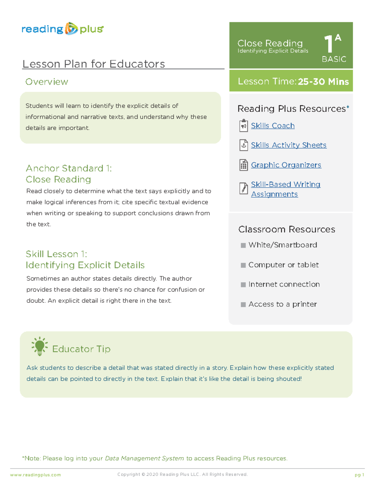 Rp lesson plan basic 1a 1 - readingplus Copyright © 2020 Reading Plus ...