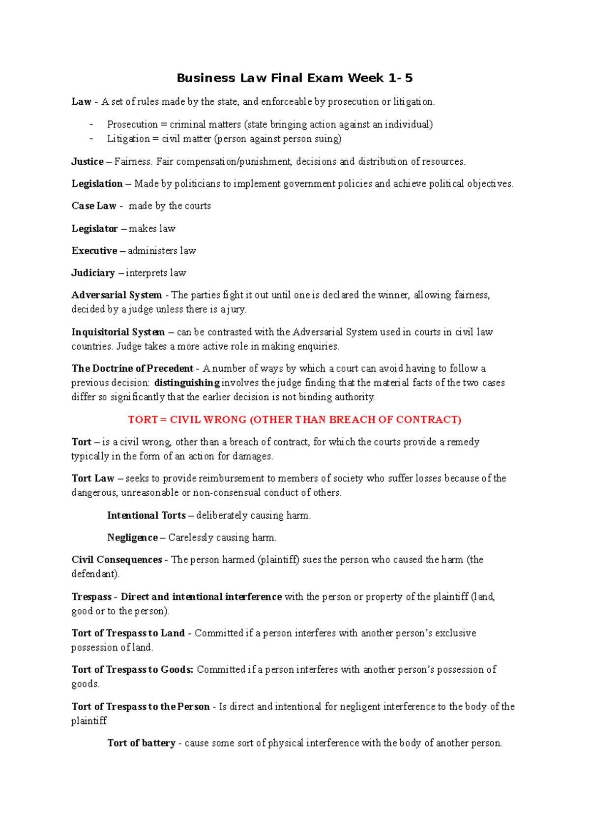 Business Law Final Exam Week 1-5 Notes - Business Law Final Exam Week 1 ...