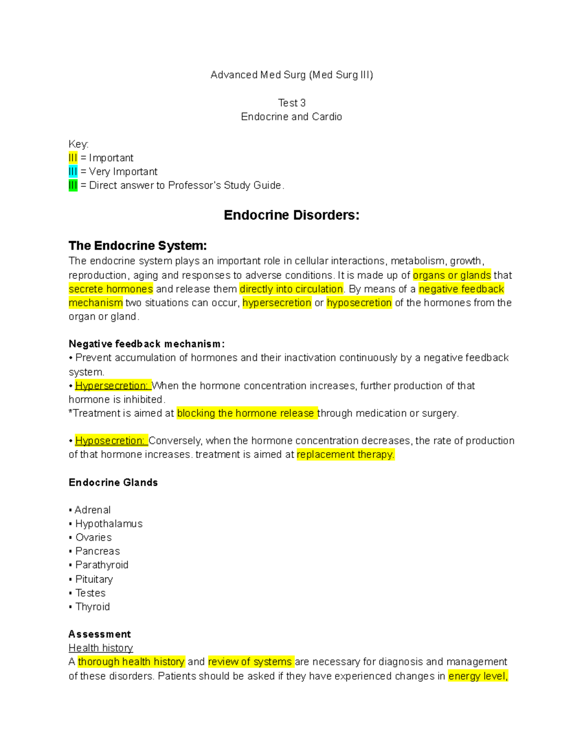 Test 3 Endocrine and Cardio - Advanced Med Surg (Med Surg III) Test 3 ...