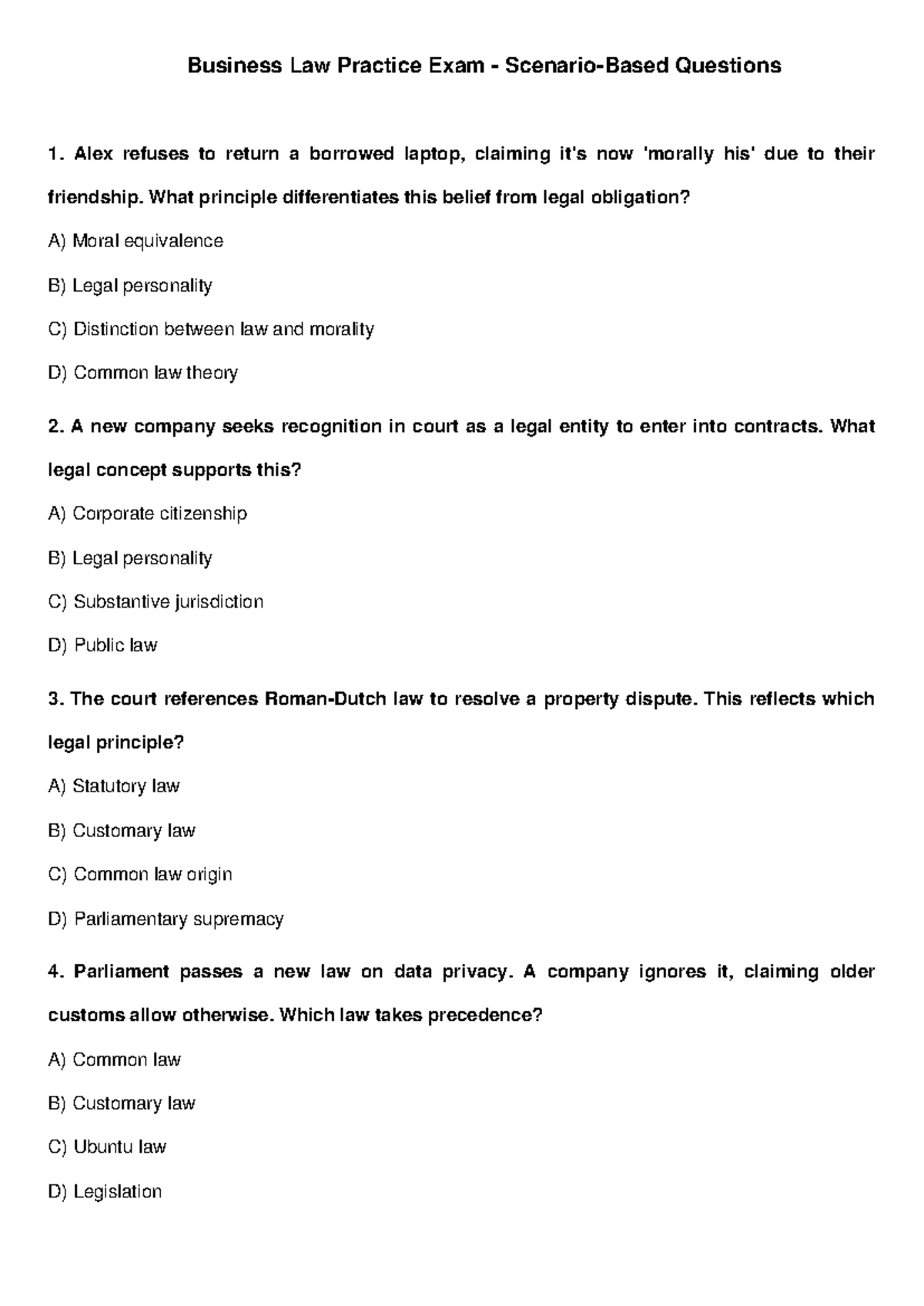 Business Law Practice Exam Questions - Test 3 (BL 101) - Studocu