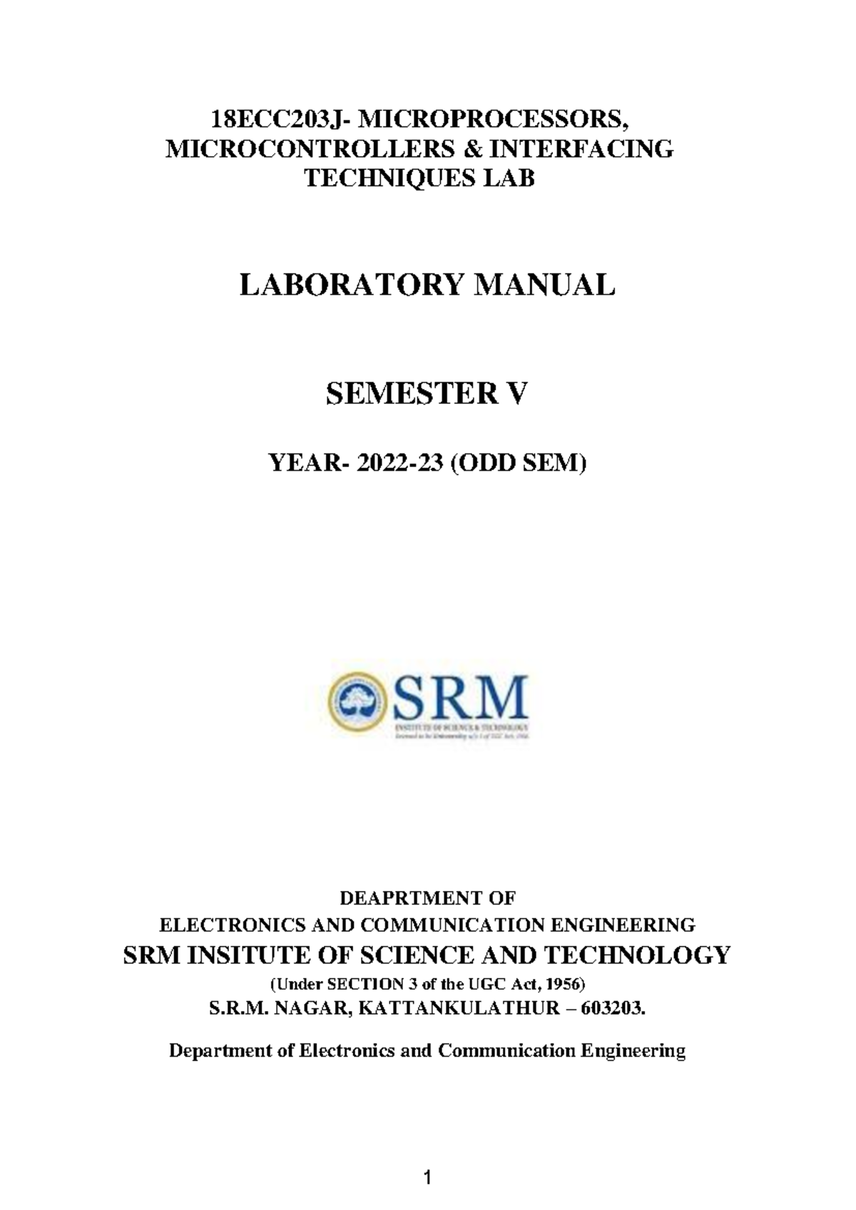 18ECC203J Manual - 18ECC203J- MICROPROCESSORS, MICROCONTROLLERS & INTERFACING TECHNIQUES LAB ...