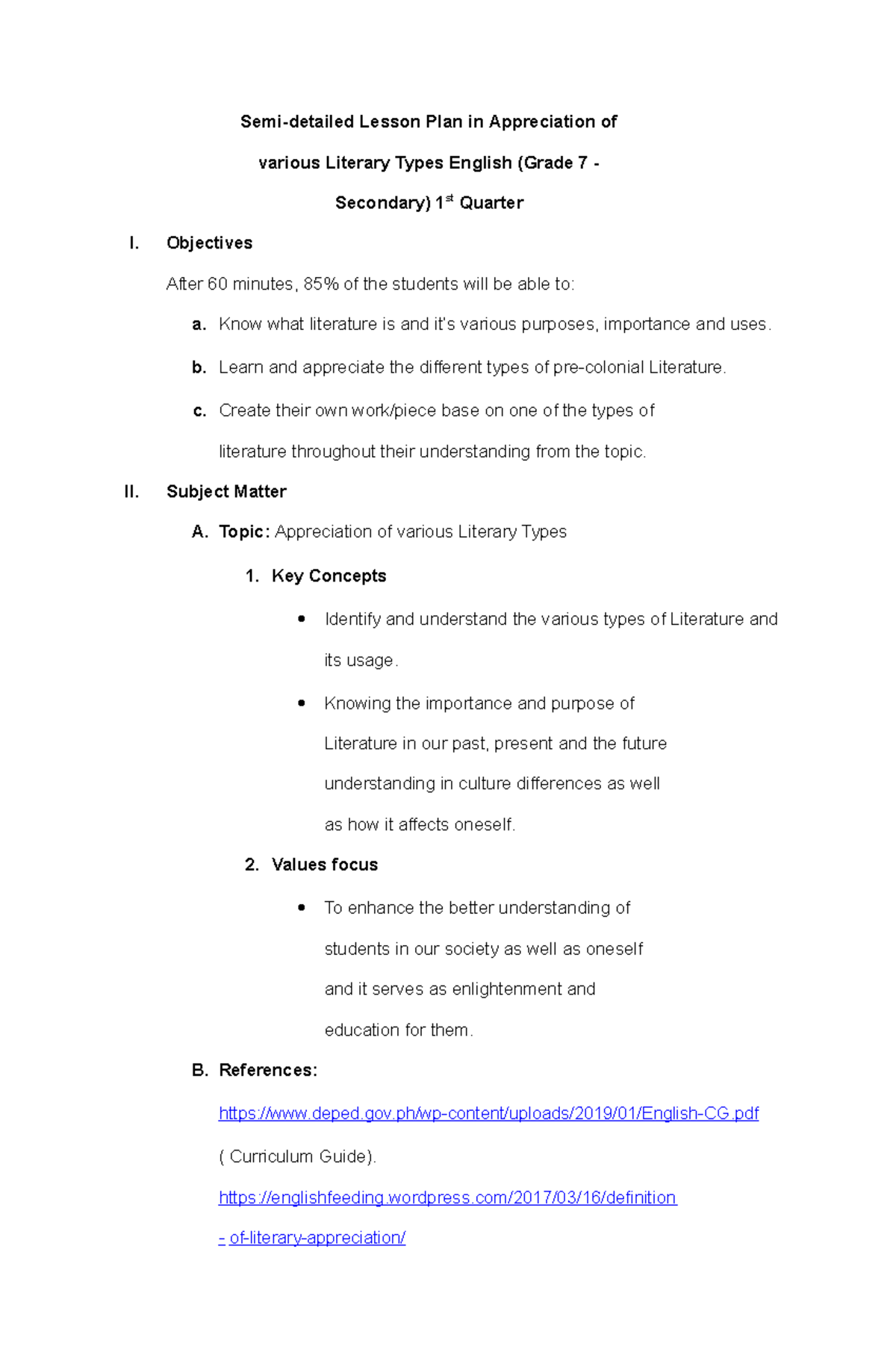 Semi-Detailed Lesson Plan on Literary Types (Grade 7 - 1st Quarter ...