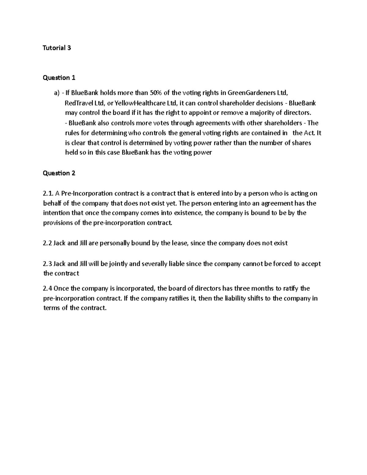 Tutorial 3 Answers - Corporate Control & Contract Liability - Studocu