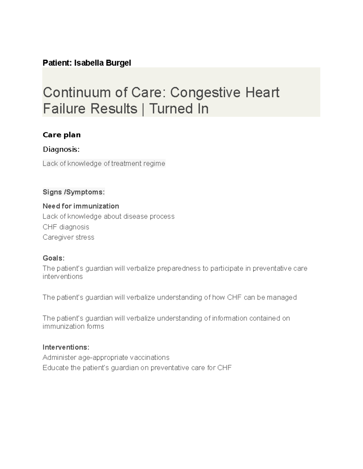 Isabella Burgel Shadow Health CHF Care Plan Analysis and Strategy - Studocu