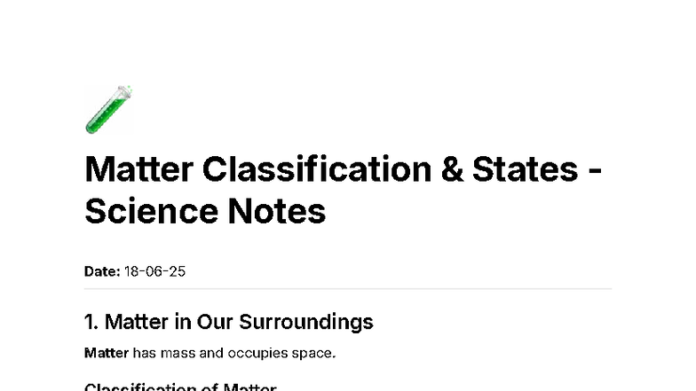 Matter Classification States - Science Notes (Science 101) - Studocu