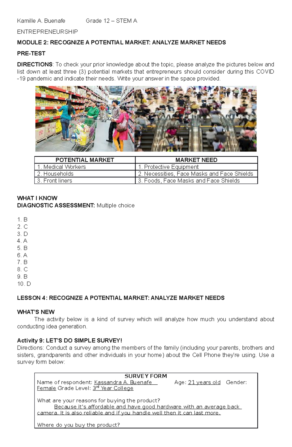 Entrepreneurship 2nd week answers - Kamille A. Buenafe Grade 12 – STEM ...