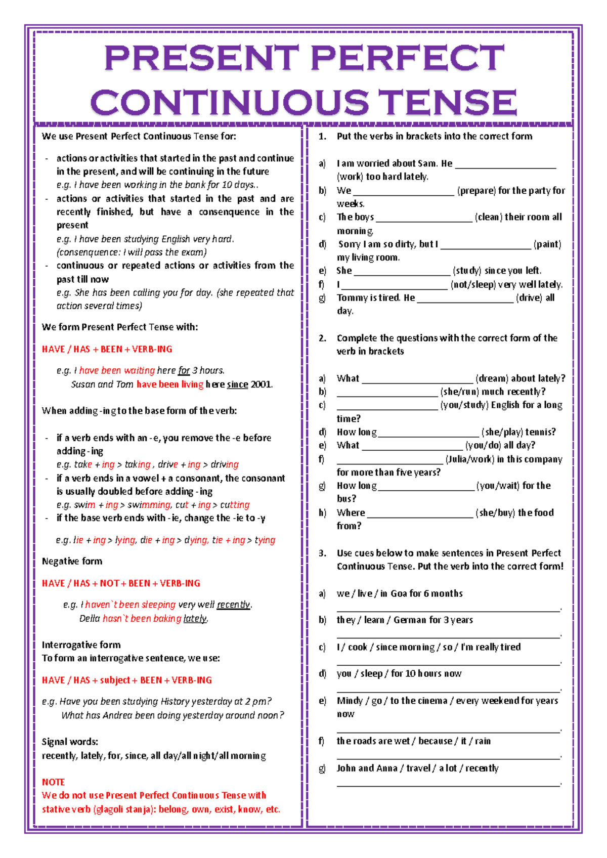 U1A13 - Present Perfect Continuous Tense Overview and Exercises - Studocu